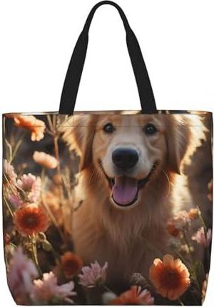 Generic Golden Retriever Et Fleurs Sac A Main Femmes Imperm&eacute;able Sacs D&eacute;contract&eacute; Sac Cabas Pour Plage Gym Quotidienne