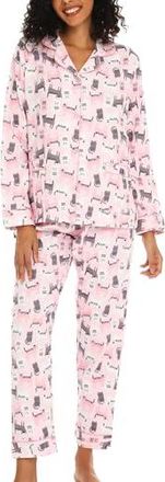 Mia Lucce Pyjama long pour femme avec boutonnière, pyjama en flanelle pour femme, haut doux et pantalon de pyjama, 2 pièces, tailles XS à XL, Chat rose., S