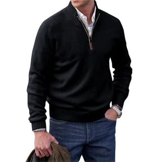 Generic Pull en cachemire avec fermeture &eacute;clair pour homme - Pull &eacute;pais &agrave; col roul&eacute; avec demi-fermeture &eacute;clair, Noir, L