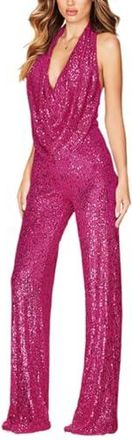 ORANDESIGNE Femme Combinaison à Paillettes avec Col en V Profond Élégant Pailleté Jumpsuit Sans Manches Jambes Larges Playsuit Scintillante Long Pantalon Cocktail