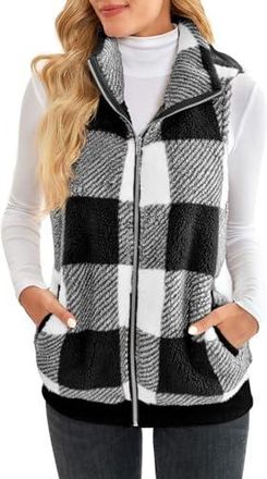 Generic Chandail en polaire pour femme - Veste sans manches légère à carreaux - Cardigan confortable à fermeture éclair - Vêtement dextérieur chaud avec poche