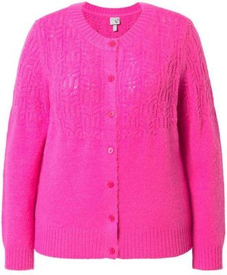 Ulla Popken Strickjacke Strickjacke Ajourmuster Rundhals Langarm
