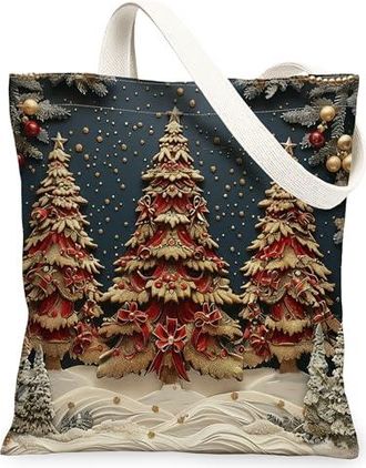 Generic Sacs fourre-tout en toile motif sapin de No&euml;l, sacs d&eacute;picerie r&eacute;utilisables, rustiques, l&eacute;gers, lavables, Rouge, 13x15 Inch