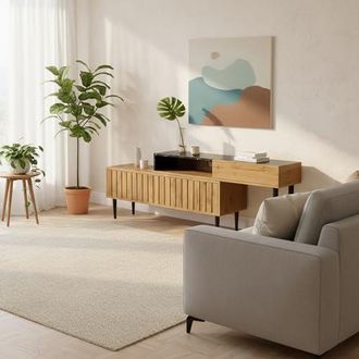 Furniture R TV-Lowboard mit Marmor- & Holzdekor, stabile Eisenbeine & offene Regale f&uuml;r Fernseher & Multimedia-Ger&auml;te