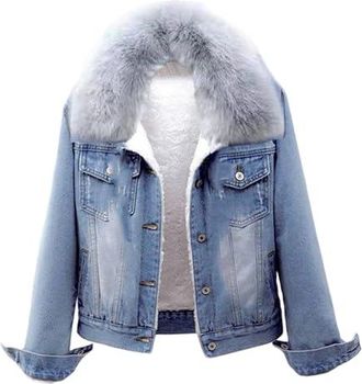 Generic Veste dhiver en jean pour femme - Manteau court doubl&eacute; en fausse polaire - Col chaud - V&ecirc;tement dext&eacute;rieur d&eacute;contract&eacute;, bleu clair, 5XL