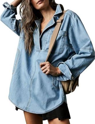 Generic Veste en jean oversize pour femme, col V, boutons, chemise en jean &agrave; manches longues, style d&eacute;contract&eacute; printanier, bleu, taille XX-Large