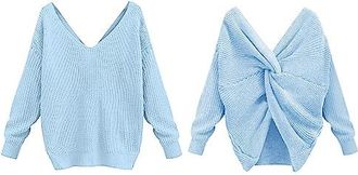 QUINTRA Topdacron Pull en tricot 2 pièces pour femme avec col en V et encolure nouée dans le dos - Haut noir - Dentelle sexy, bleu clair, XL