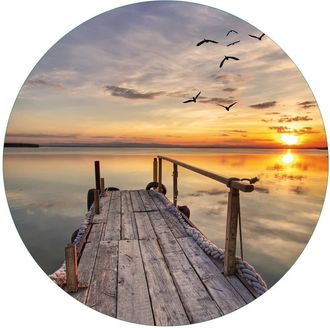 Wallario Glasbild rund Sonnenuntergang über dem See idyllischer Steg - Rund, 50 cm Durchmesser Wandbild Glas in Premium-Qualität: Brillante Farben, freischwebe