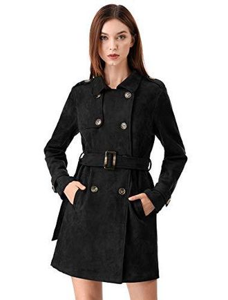 Allegra K Trench-coat à double boutonnage en faux suède avec ceinture manteau pour femmes costume dHalloween Noir XS