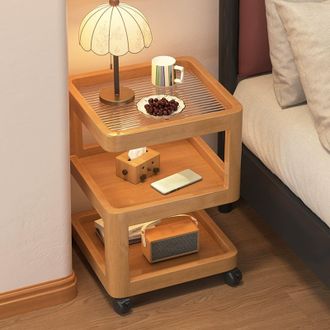 Generic Beistelltische for Schlafzimmer, Nachttische Mit Drehbaren R&auml;Dern Und Tischplatte Aus Geh&auml;Rtetem Glass, Bambusmaterial for Schreibtischlampe, Wasserbe