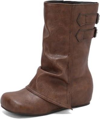 Generic Bottes Mi-Mollet Femme Bout Rond Talons Compensés Double Boucle Tige PU Antidérapantes Durables Confort Quotidien Élégantes,Dark Brown,37.5 EU
