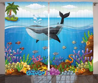 Abakuhaus Tier Rustikaler Vorhang, Wal in Ocean Planet, Wohnzimmer Universalband Gardinen mit Schlaufen und Haken, 280 x 225 cm, Orange Blau