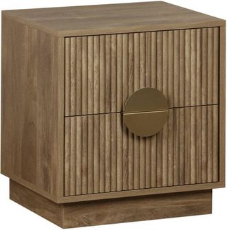 Sweeek Table de chevet 2 tiroirs effet bois de manguier rainuré. poignées en métal doré. L42 x P38 x H50cm