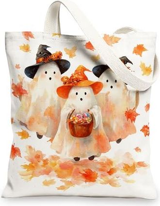 Generic Sacs fourre-tout en toile avec motif fantômes dHalloween, sacs dépicerie réutilisables, légers et lavables avec bandoulière pour salle de sport, extér