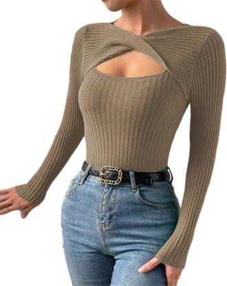 Generico Pull pour femme - Sweat-shirt uni ajusté - Chaud, élégant et sexy - Haut bas tendance - Pull en tricot avec motifs unis croisés - T-shirt à manches lo