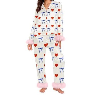 Generic Ensemble de pyjama en satin pour femme - V&ecirc;tement de nuit imprim&eacute; coeur - Haut et pantalon boutonn&eacute;s - Tenue 2 pi&egrave;ces - Pyjama en soie doux et confort
