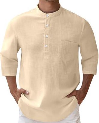 Generic Chemise pour homme &agrave; manches 3/4, col montant, boutonn&eacute;e, d&eacute;contract&eacute;e, avec poche avant, chemise respirante et l&eacute;g&egrave;re pour lext&eacute;rieur, la plage, prin