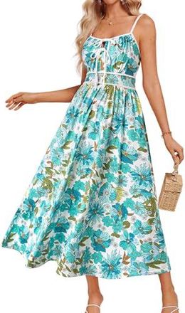 Grace Karin Robe d&eacute;t&eacute; D&eacute;contract&eacute;e &agrave; Col en V - Longue Robe Florale Trap&egrave;ze Boh&egrave;me - Sans Manches avec Bretelles Spaghetti pour la Plage