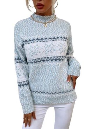 Generic Pull de No&euml;l &agrave; manches longues et col rond pour femme Motif flocon de neige, bleu, XL