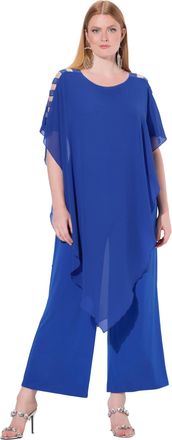 Ulla Popken Damen gro&szlig;e Gr&ouml;&szlig;en &Uuml;bergr&ouml;&szlig;en Plus Size Jumpsuit, Einteiler, Jersey, Chiffon-&Uuml;berwurf, weites Bein Dunkles Saphir 58+ 842463740-58+