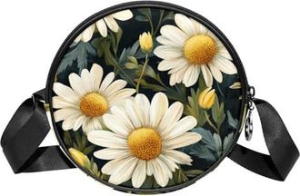 Generic Sac &agrave; bandouli&egrave;re Circle pour femme, petit sac &agrave; bandouli&egrave;re blanc marguerite avec fermeture &eacute;clair, bretelles r&eacute;glables, sac &agrave; main rond d&eacute;contract&eacute; 
