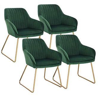 Woltu Chaises de salle à manger Lot de 4 chaises de cuisine tapissées en velours avec dossier et accoudoirs Style nordique Pieds en métal Vert foncé BH246dg