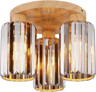 Nowa Nowa - Deckenleuchte Deckenlampe Wohnzimmerlampe 3 flammig Holzoptik Kristalle rauch