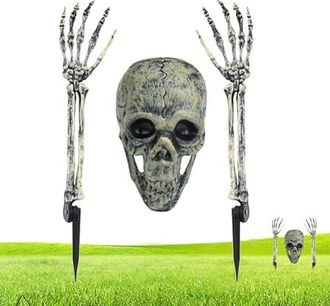Generic Lot de 3 t&ecirc;tes de squelette et mains artificielles pour d&eacute;coration dHalloween, piquets de squelette effrayants, pour jardin, cour, pelouse, maison han