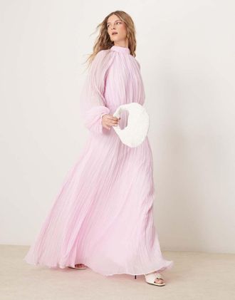 Asos Hochgeschlossenes Maxikleid in Hellrosa mit Blouson&auml;rmeln und Plisseefalten-Struktur-Bunt