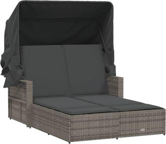vidaXL Chaise longue double et auvent et coussins gris r&eacute;sine tress&eacute;e