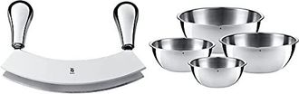 WMF Wiegemesser mit 2 Klingen, 18 cm, groß, 2-schneidig, geschmiedeter Spezialklingenstahl & Gourmet Schüsselset 4-teilig, Edelstahl Schüsseln für die Küc