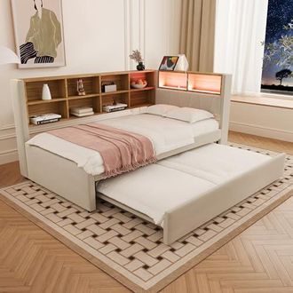 Merax Canap&eacute;-lit 90 x 200 cm, avec lit gigogne 90 x 190 cm, canap&eacute;-lit extensible avec lumi&egrave;res LED et compartiments de rangement, en flanelle, beige (sans 