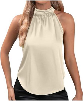 Generic Halterneck Top Satin Femme &Eacute;l&eacute;gant Grandes Tailles Mince Gilet Femme &Eacute;t&eacute; Sans Manches D&eacute;bardeur Ample T-shirts Sans Manches Camisole Tops A&eacute;r&eacute; D&eacute;barde