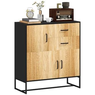 HOMCOM Buffet Moderne avec 3 armoires de Rangement et 2 tiroirs, Meuble Polyvalent en agglom&eacute;r&eacute; et Acier, 80x35x88 cm, Couleur Noir et Bois