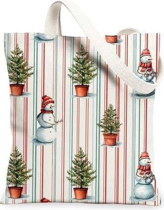 Generic Sacs fourre-tout en toile motif bonhomme de neige, motif arbre dhiver festif, sacs d&eacute;picerie r&eacute;utilisables, charmants vacances, l&eacute;gers et lavables, Bl