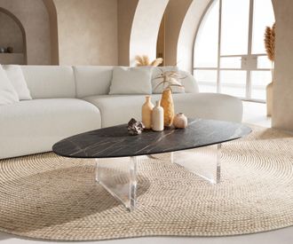 DELIFE Couchtisch Edge Oval 140x75 cm Keramik Laminam Noir Desir Braun Lumia Acryl, Couchtische