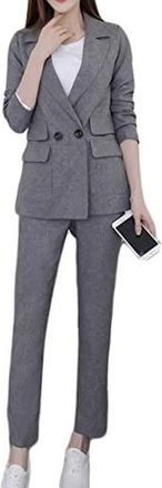 Minetom Tailleur Femme 2 Pièces Elegant Slim Fit Blazer Veste Formel Entreprise Bureau Travail Tailleur Pantalon Costumes Ensemble C Gris L