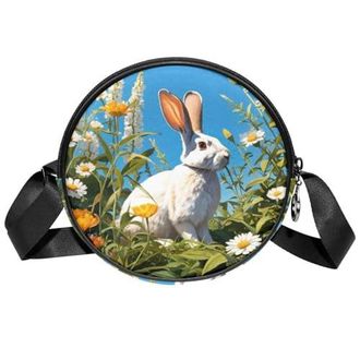 Generic Petit sac &agrave; bandouli&egrave;re circulaire pour femme, motif floral, lapin, sac &agrave; dos &agrave; bandouli&egrave;re avec fermeture &eacute;clair, bretelles r&eacute;glables, sac &agrave; main ron