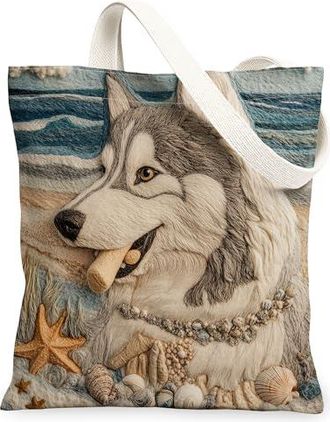 Generic Sac fourre-tout amusant en toile motif chien husky 33 x 38 cm, sac d&eacute;picerie r&eacute;utilisable pour femme, peinture danimaux domestiques, d&eacute;coration cadeau