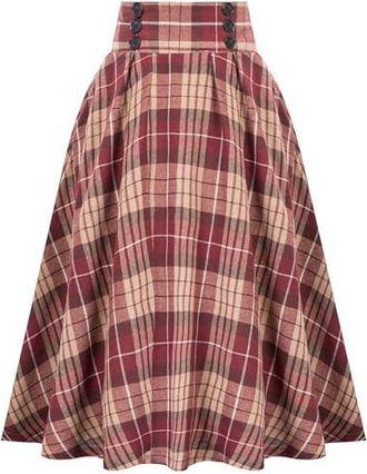 Generic Jupe Plissee Femme Carreaux, Jupe Longue Femme Taille Haute &agrave; &Eacute;vas&eacute;e Vintage Chic Et Elegant Coupe Ample D&eacute;contract&eacute; Style Trap&egrave;ze A-Line M&eacute;di&eacute;vale Av