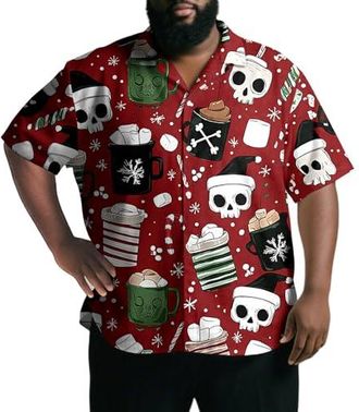 Generic Chemises de No&euml;l pour homme | Chemise de No&euml;l surdimensionn&eacute;e boutonn&eacute;e &agrave; motif t&ecirc;te de mort tropicale, Boisson chaude cr&acirc;ne, 4XL
