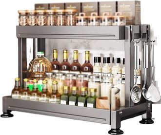 Generic Doppelschichtiges Gewürzregal, vergrößertes Edelstahlregal mit 4 Haken, die nach Links und rechts gewechselt Werden können, stehende Aufbewahrung auf 