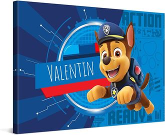 Picanova PAW Patrol Chase Leinwand - Valentin - 60x40cm - Leinwanddruck mit Babynamen - Personalisierte Leinwand - Baby-Geschenk Leinwandbild - PAW Patrol Koll