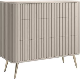 Selsey Kommode Aufbewahrungsschrank 3 Schubladen Schrank Schubladenschrank Gerillt Push to Open Soft Close Graubeige Goldene Beine Ovarlo
