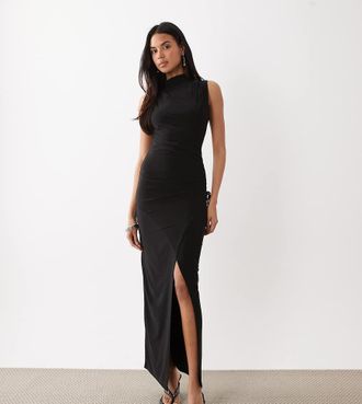 KAIIA Exclusivit&eacute; - Kaiia - Robe double &eacute;paisseur coupe longue pr&egrave;s du corps &agrave; col montant et fronces sur le c&ocirc;t&eacute; - Noir