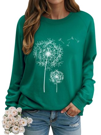 Dresswel Damen L&ouml;wenzahn Sweatshirt Langarmshirt Pusteblume Drucken Pullover Herbst Winter Bluse Tops Oberteile(Teal, 2XL)