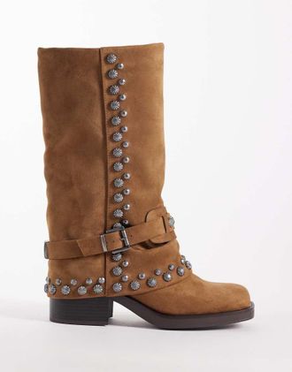 Asos Cami - Stiefel in Sand mit umgeschlagenem Schaft und Nietenbesatz-Neutral