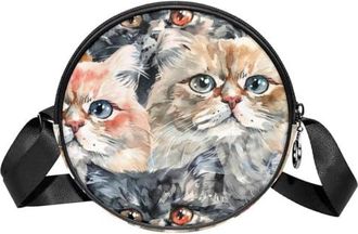 Generic Sac &agrave; bandouli&egrave;re rond pour femme, motif chats aquarelle, petit sac &agrave; dos &agrave; bandouli&egrave;re avec fermeture &eacute;clair, bretelles r&eacute;glables, sac &agrave; main rond d&eacute;