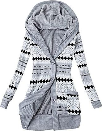 Generic 2026 Vestes &agrave; capuche pour femmes, manteau tricot&eacute; &eacute;pais imprim&eacute;, boutonn&eacute;, grande taille, manteau dext&eacute;rieur mi-long, gris, XXL