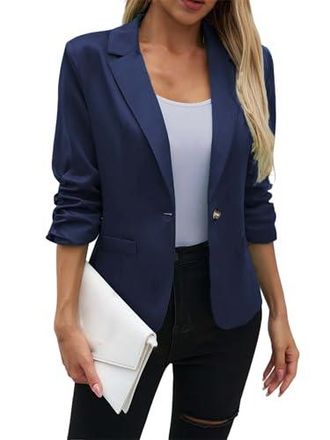 Generic Blazer pour femme avec col &agrave; revers et boutonni&egrave;re, coupe ajust&eacute;e, pour le travail et les loisirs, l&eacute;ger, bleu marine, XL